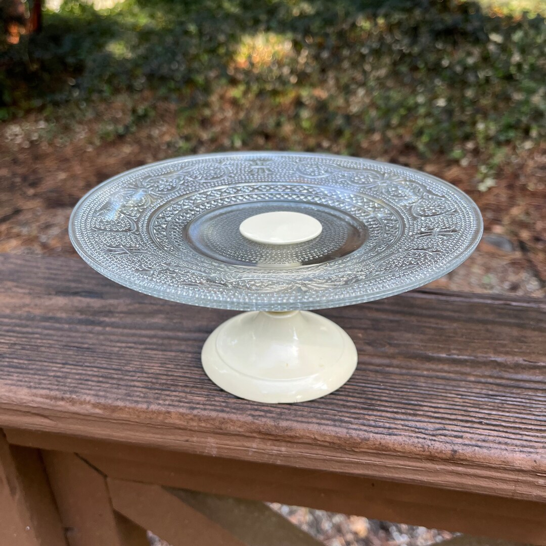 Cute Vintage Cupcake Pedestal Stand With Pressed Glass Top and Cream ...
