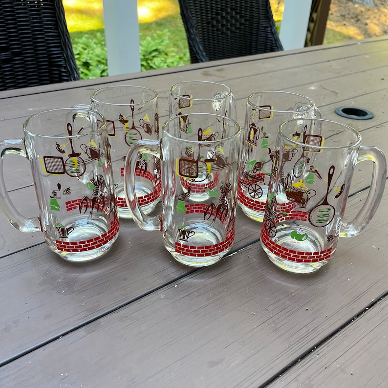 Cool Vintage 1950s Hazel Atlas Glass Beer Mugs With Bbq Theme Print Set ...