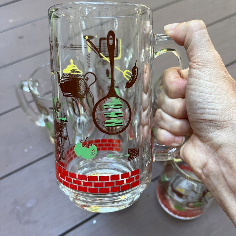 Cool Vintage 1950s Hazel Atlas Glass Beer Mugs With Bbq Theme Print Set ...