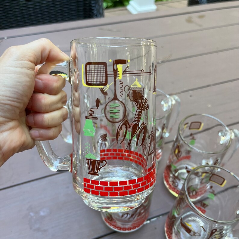 Cool Vintage 1950s Hazel Atlas Glass Beer Mugs With Bbq Theme Print Set ...