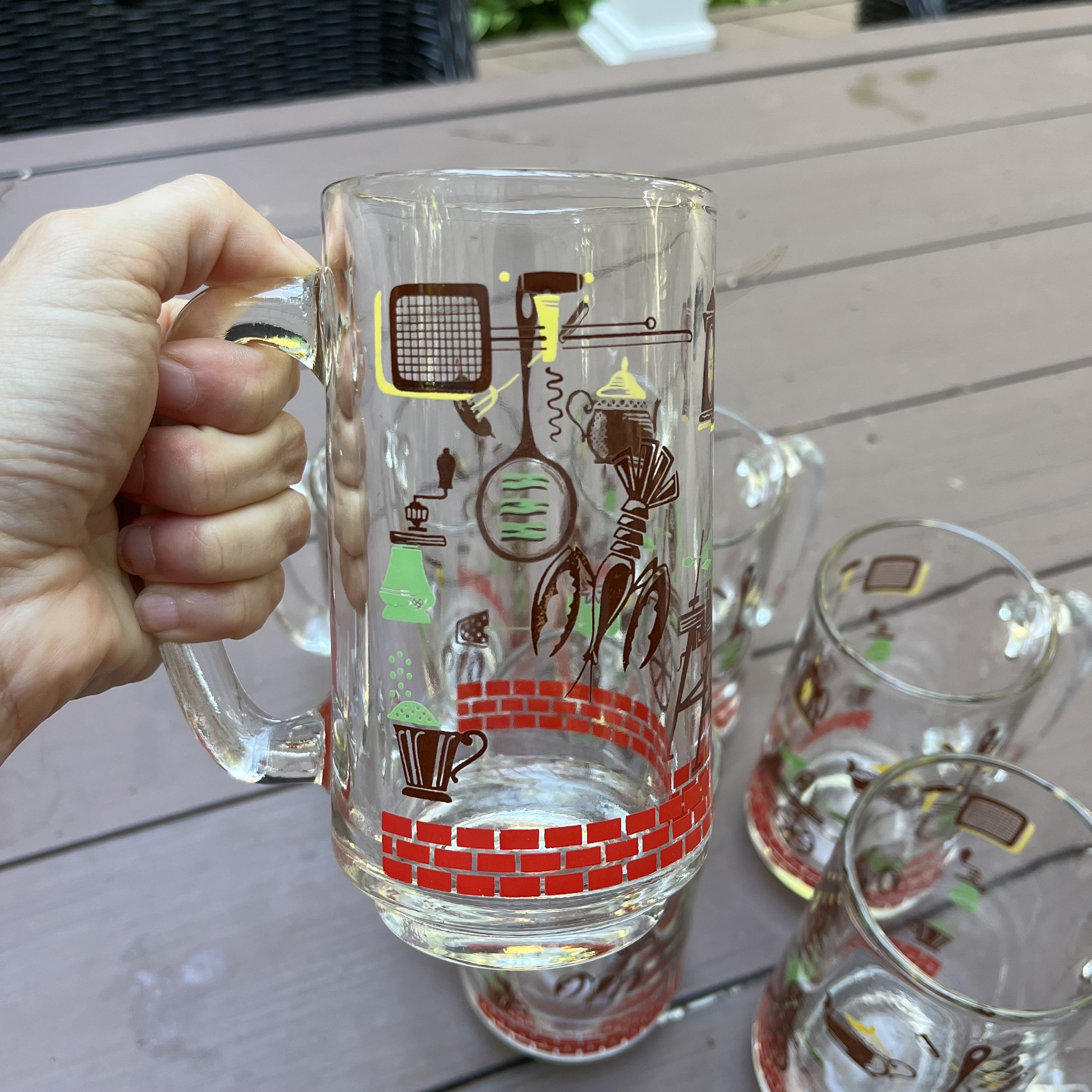 Cool Vintage 1950s Hazel Atlas Glass Beer Mugs With Bbq Theme Print Set ...