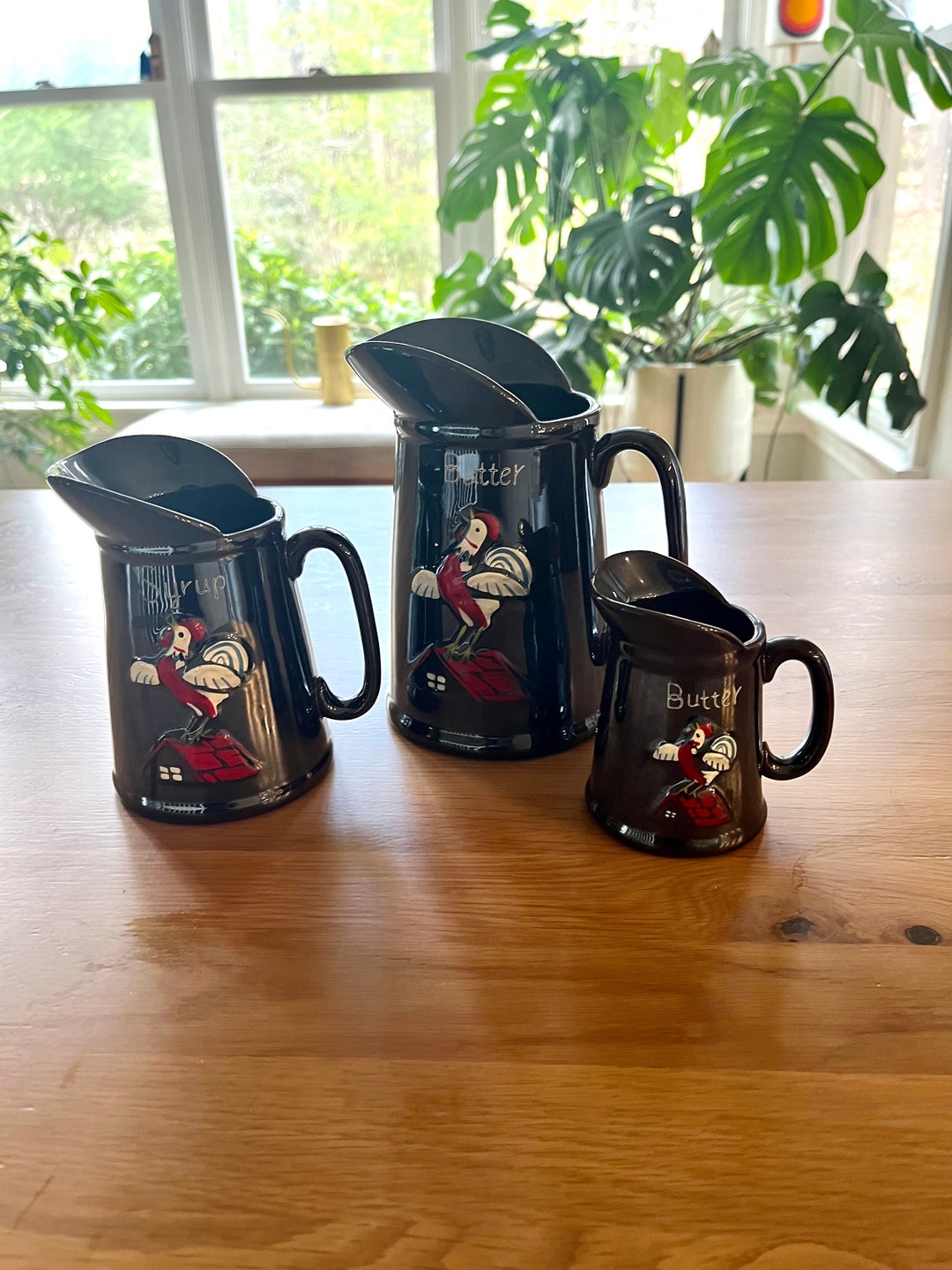Vintage Red Rooster Breakfast Set of Pitchers - Batter, Syrup & Butter ...