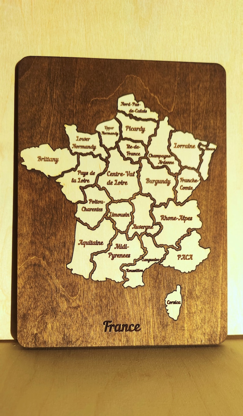 France Map, France Wooden Map Puzzle, Laser Cut Puzzle, Wooden Toy ...