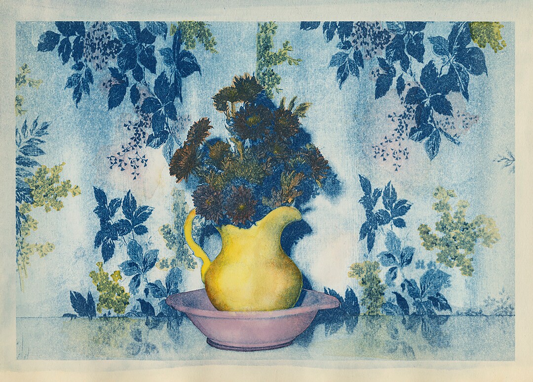 Hand Painted Cyanotype Original Flowers in a Vase on Vintage Paper 14.5 ...