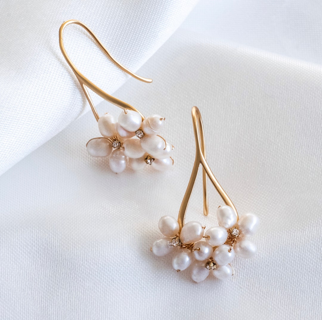 Gold Flower Pearl Earrings • Pearl Cluster Drop Earrings • Triangle ...