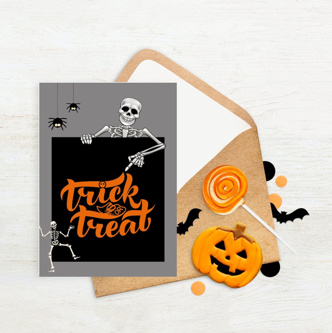 Trick or Treat Skeletons Halloween Notecard Happy Halloween - Etsy