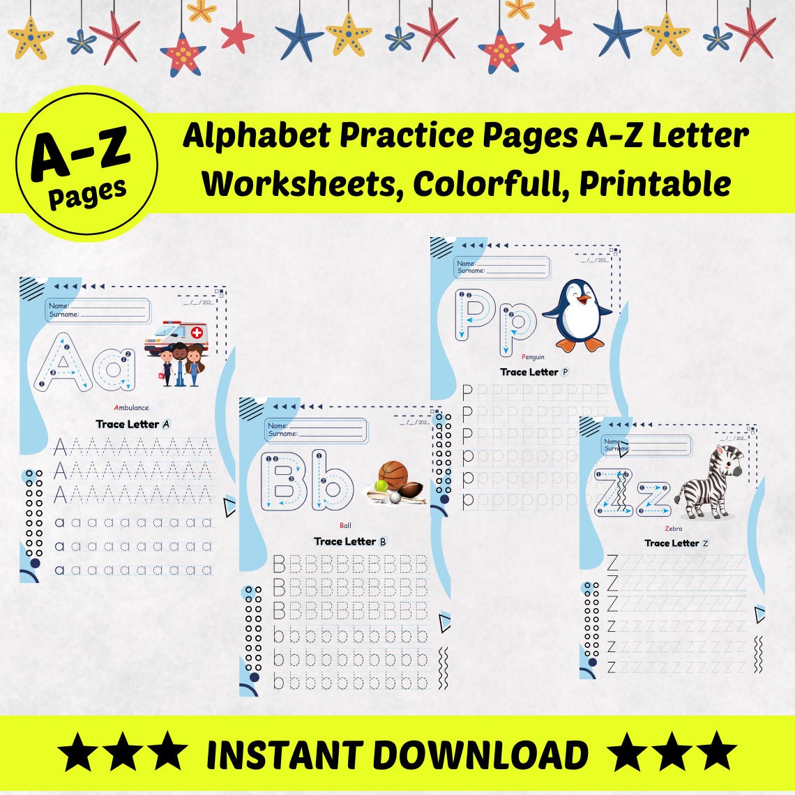 26 Printable Alphabet Letters Worksheets A-Z, Preschool, Kindergarten ...