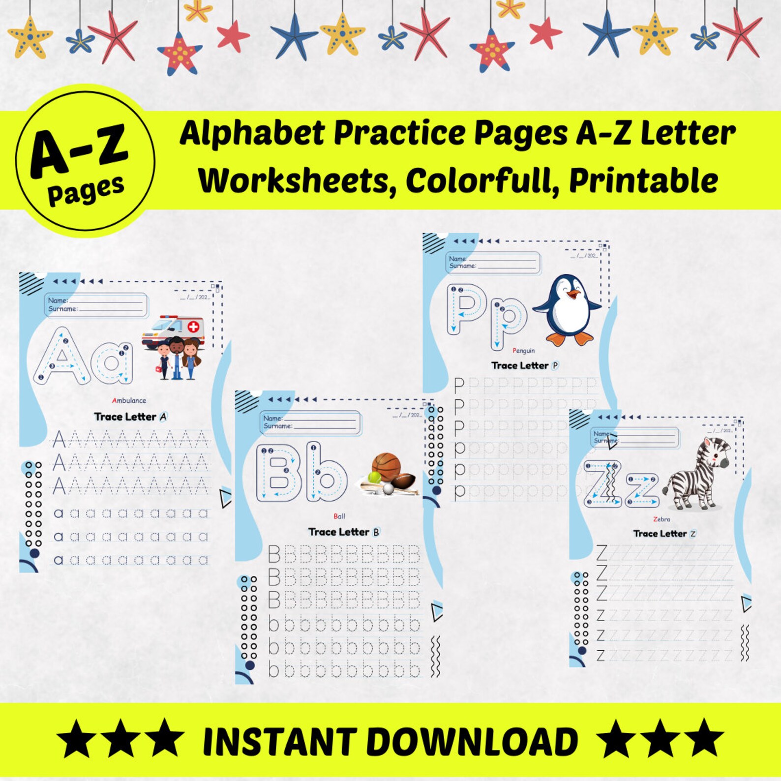 26 Printable Alphabet Letters Worksheets A-Z, Preschool, Kindergarten ...