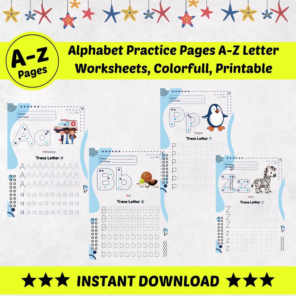 26 Printable Alphabet Letters Worksheets A-Z, Preschool, Kindergarten ...