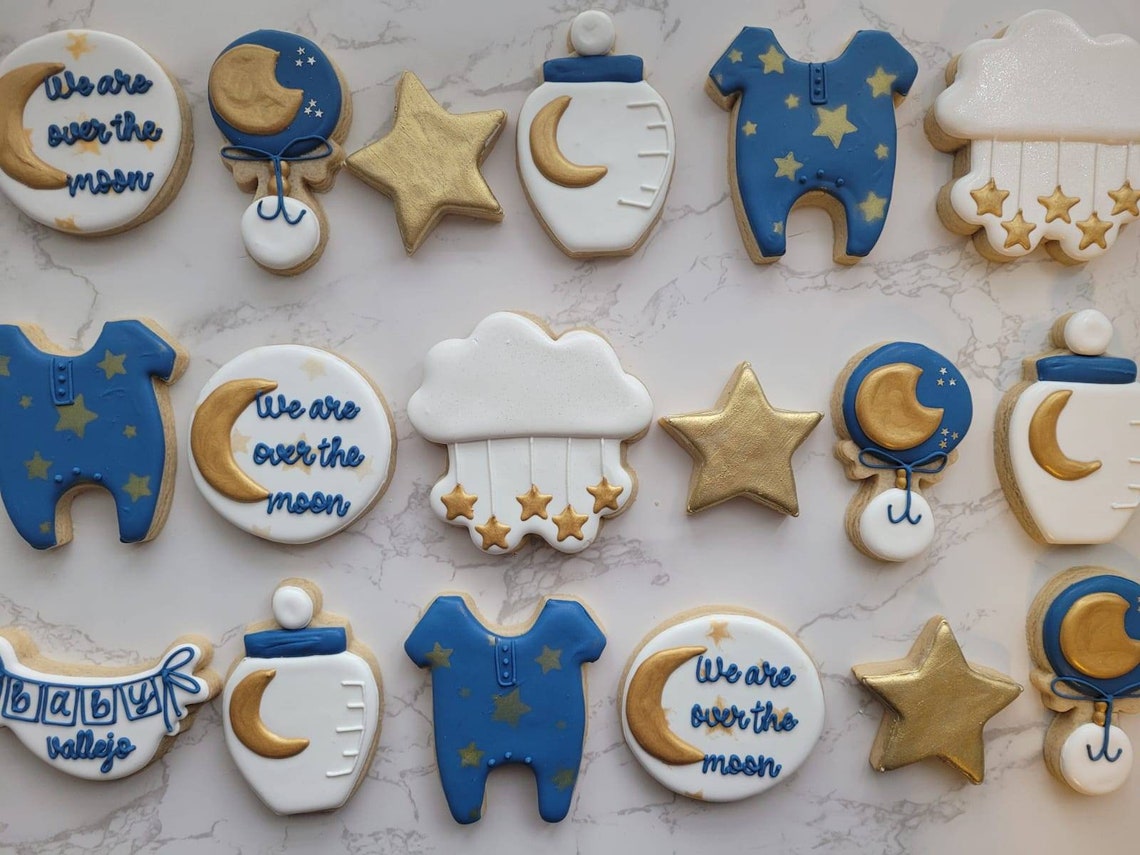Over the Moon Theme Baby Shower Sugar Cookies Custom Sugar - Etsy