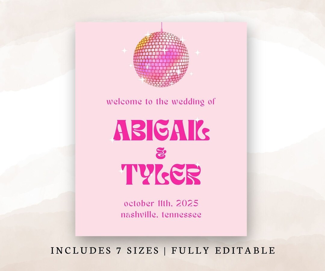 Pink Disco Ball Wedding Welcome Sign, Printable Editable Digital ...