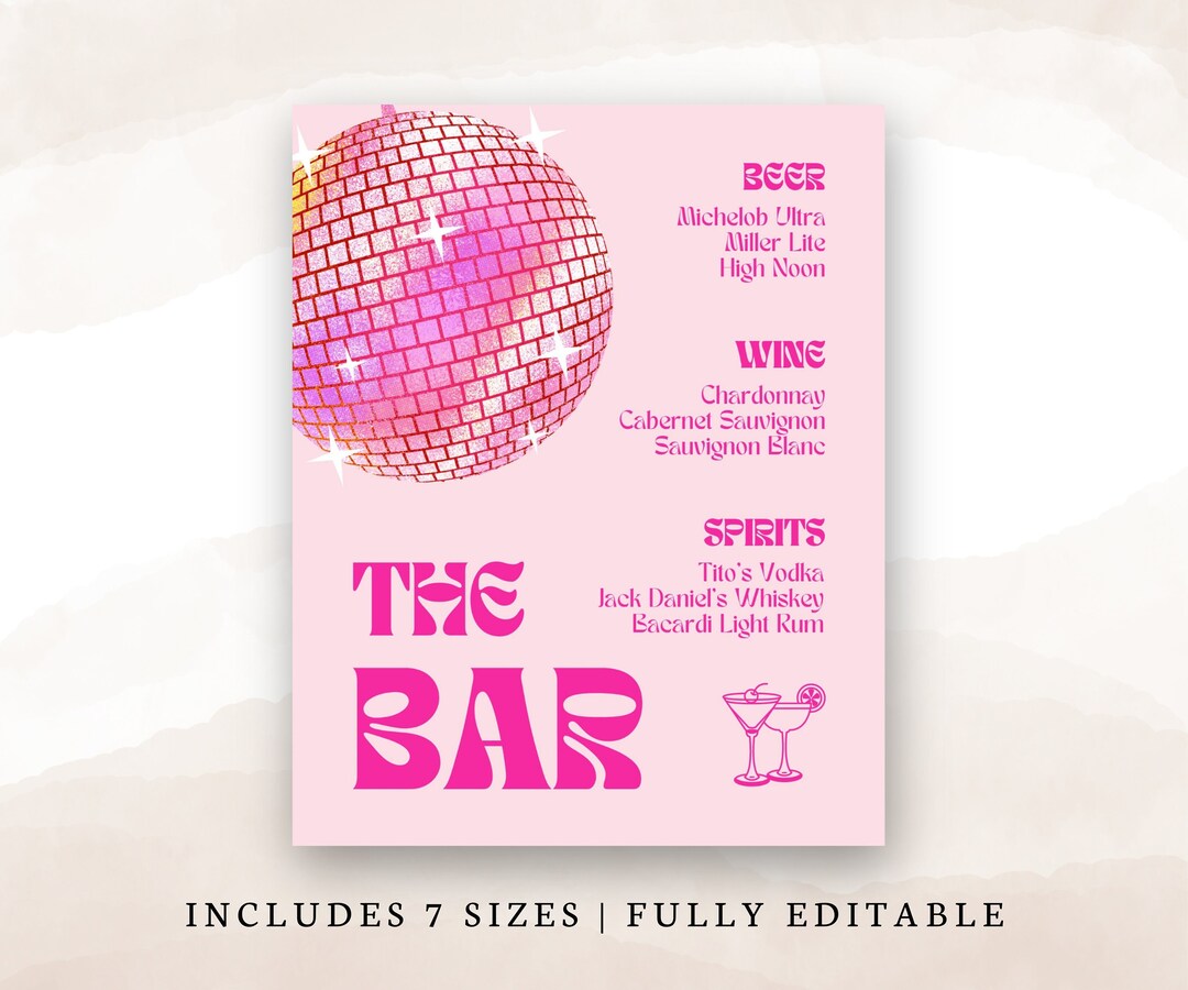 Pink Disco Ball Bar Signage Template, Printable Editable Canva Wedding ...