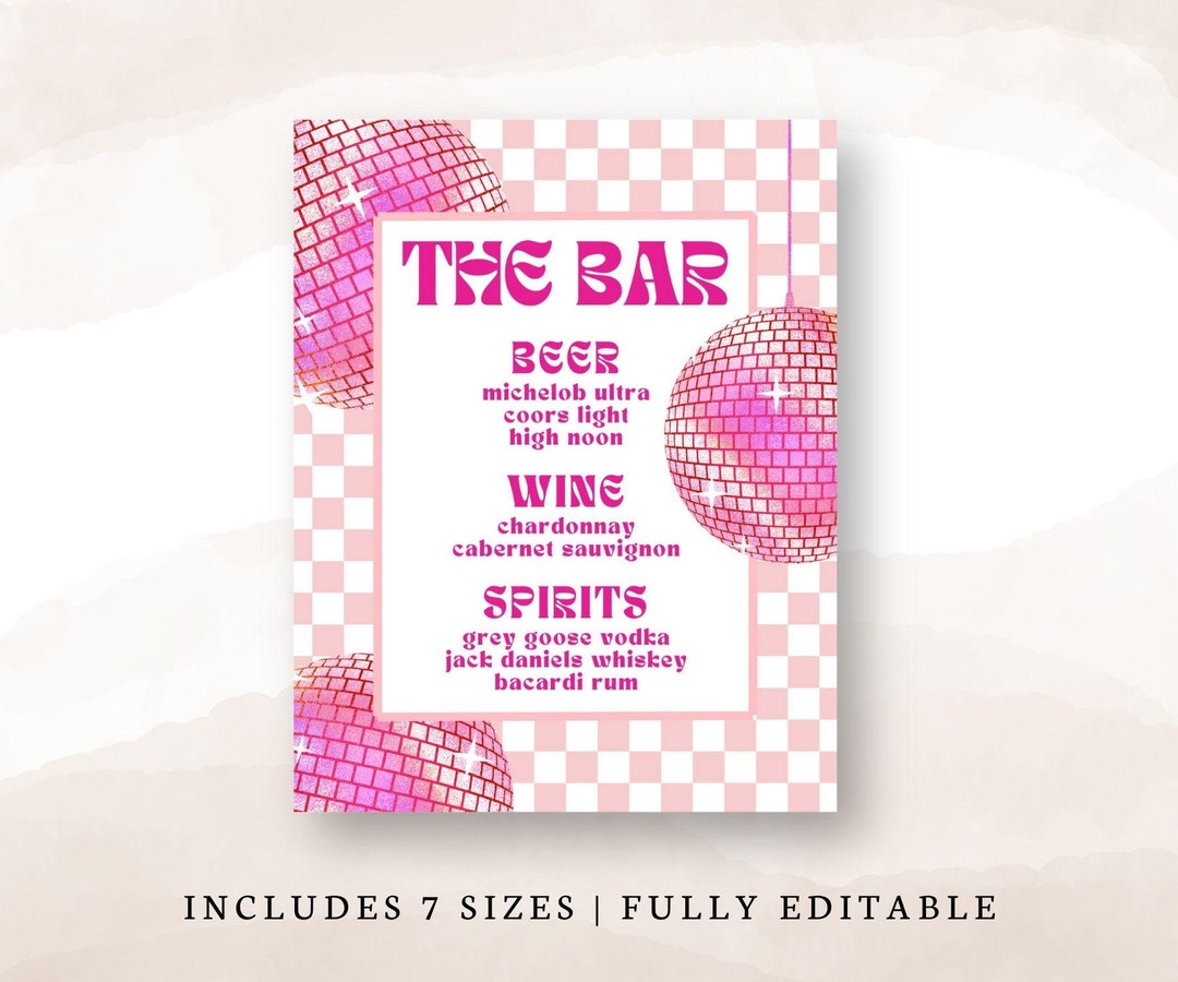 Pink Disco Ball Bar Signage, Funky Checkered Wedding Sign, Retro ...