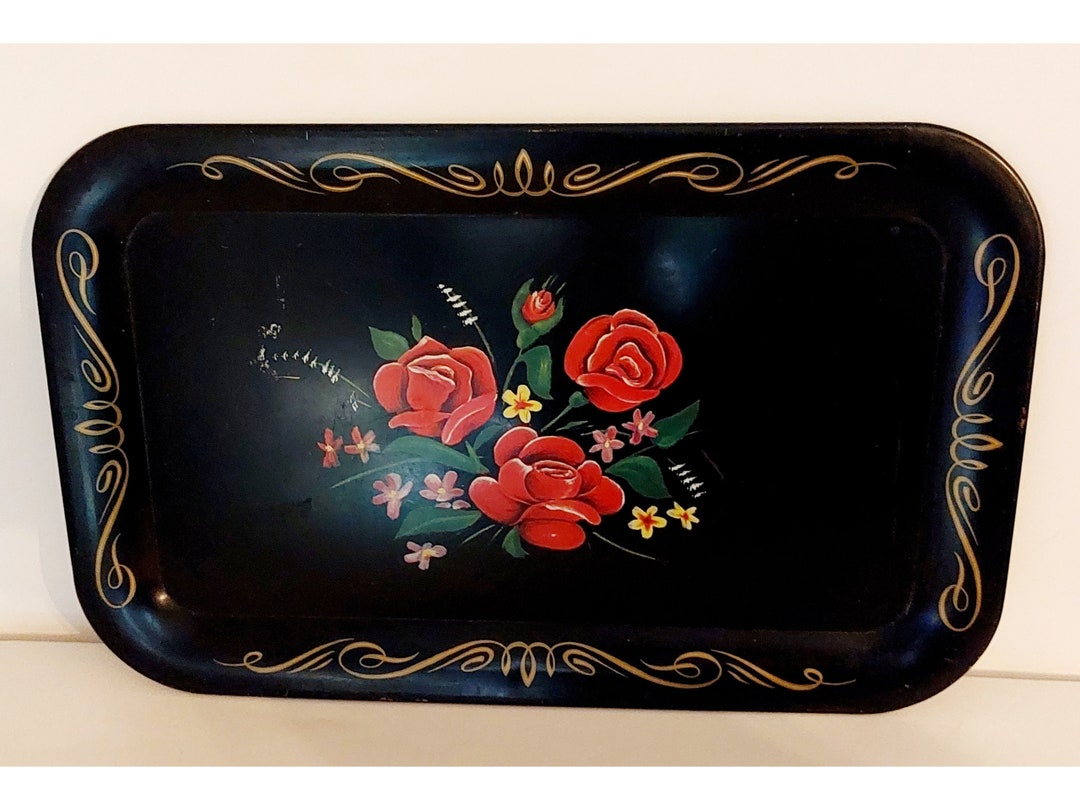 Tole Serving Vanity Tray Hand Painted Black Metal Red Roses Vintage ...