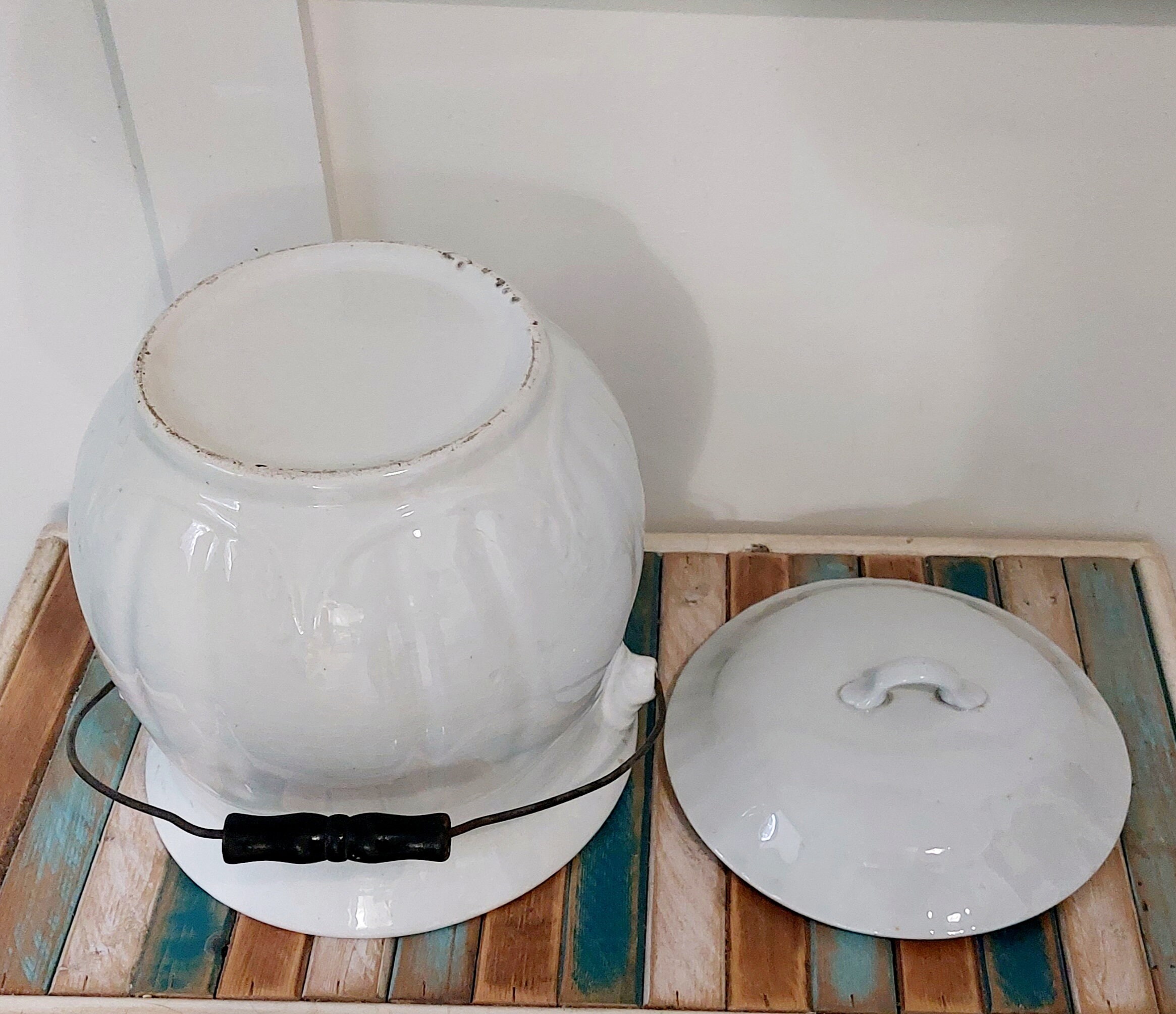 Antique Ironstone Slop Bucket With Wire Bale and Wooden Handle - Etsy