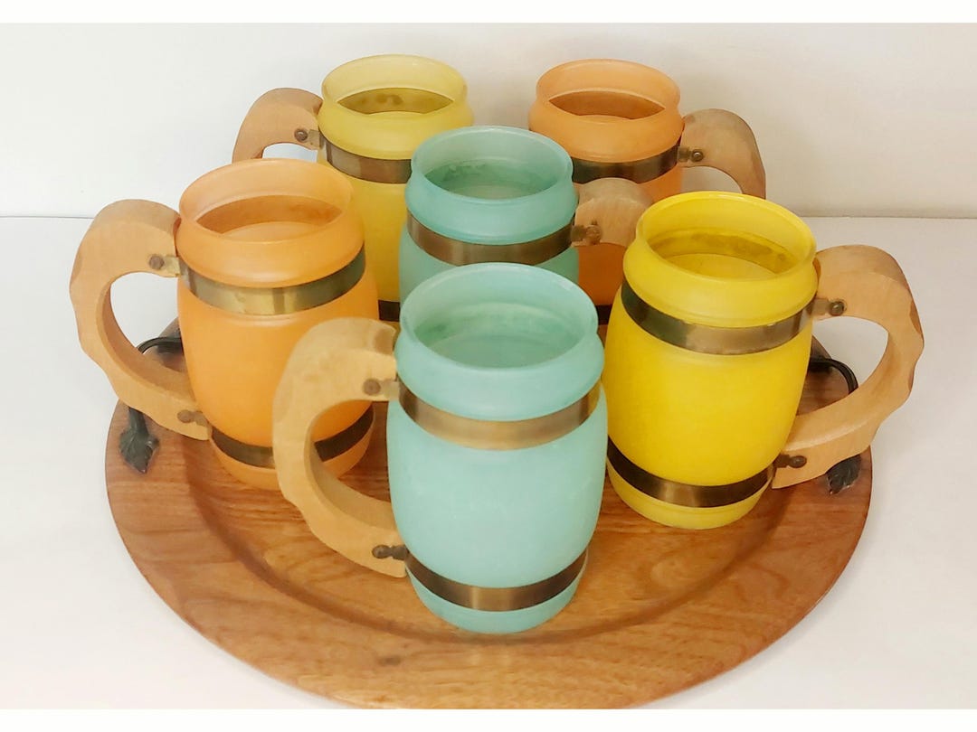 Vintage Siesta Ware Set of 6 Frosted Glass Mugs With Wood Handles Aqua ...