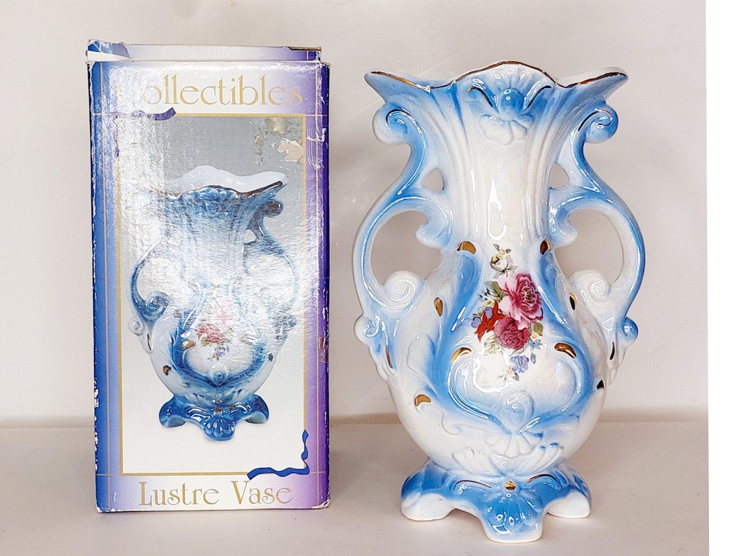 Vintage Lustreware Vase Blue White Pink Burgundy Roses Handles Embossed ...