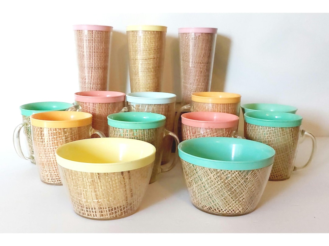 Vintage 1960s Raffiaware Thermo Set of 14, MCM Patio Cups Mugs Bowls - Etsy