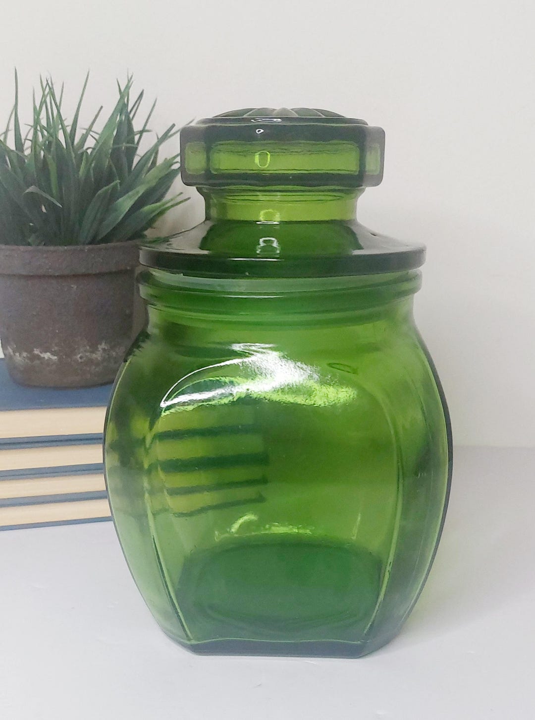 Vintage 1960s 1970s Wheaton Glass Co Green Glass Jar/canister W/flower ...
