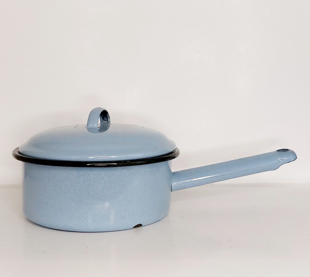 Vintage Blue Enamelware Pan With Black Trim and Lid, 1930's Blue ...