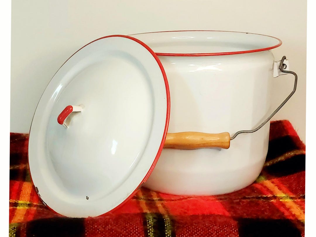 White and Red Trimmed Enamelware Bucket/pail/chamber Pot With Original ...
