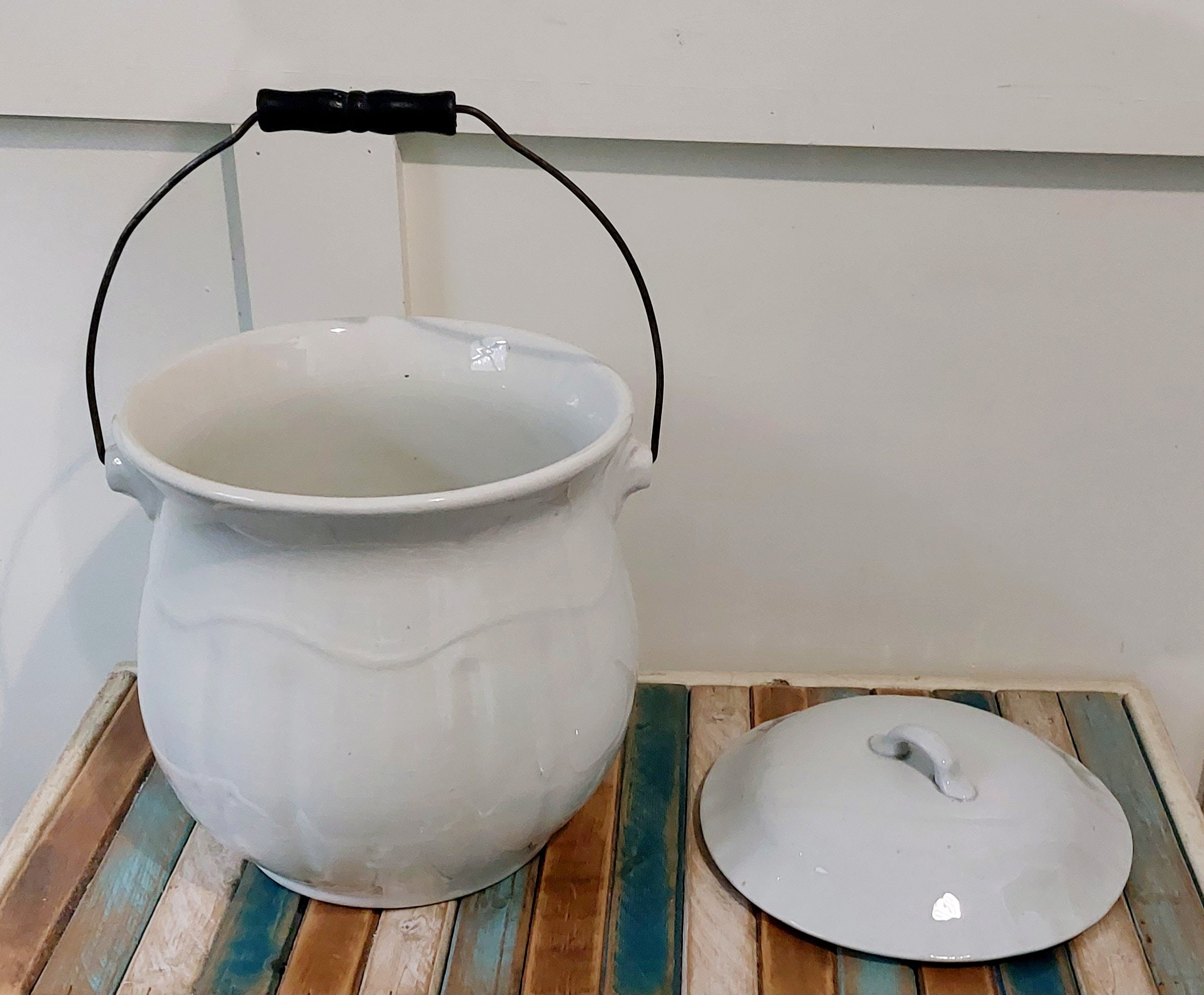 Antique Ironstone Slop Bucket With Wire Bale and Wooden Handle - Etsy