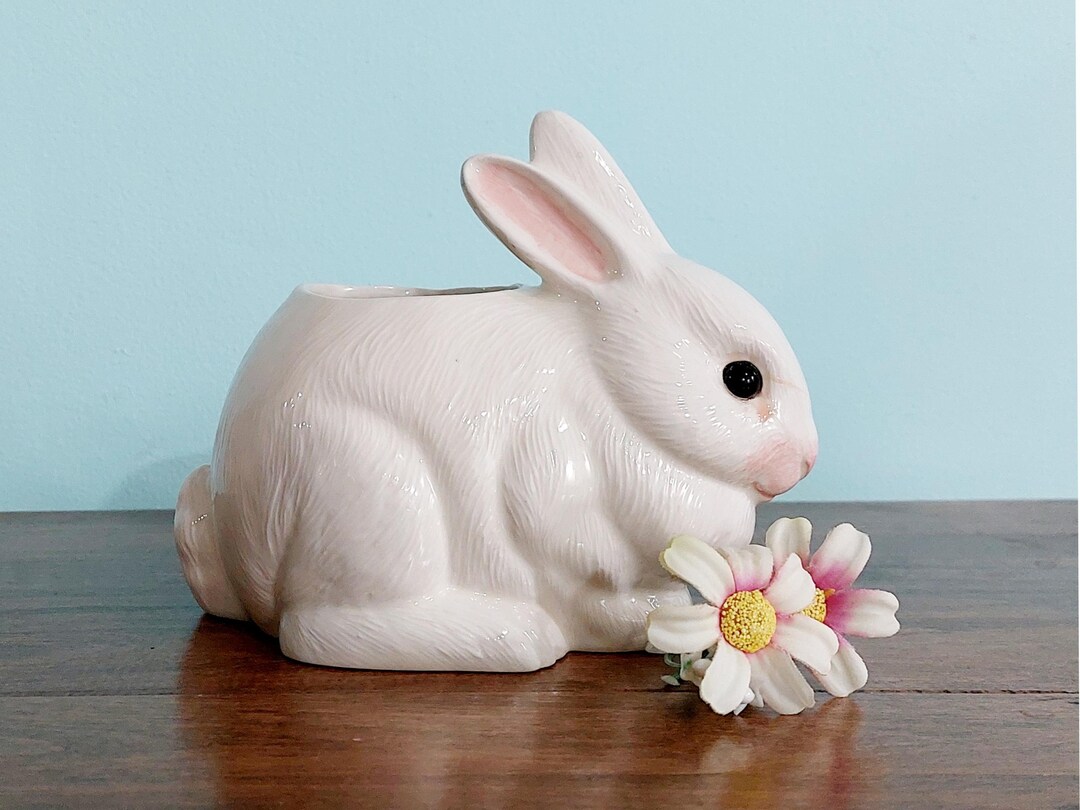 Vintage Ceramic Rabbit Planter White and Pink - Etsy