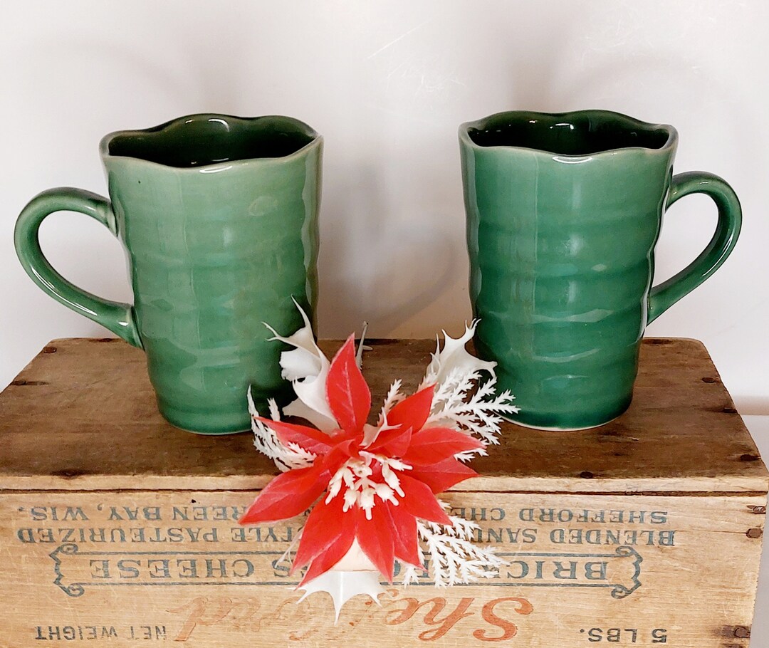 Vintage California Pottery Jade Green Coffee Mugs Scalloped Rim Design ...