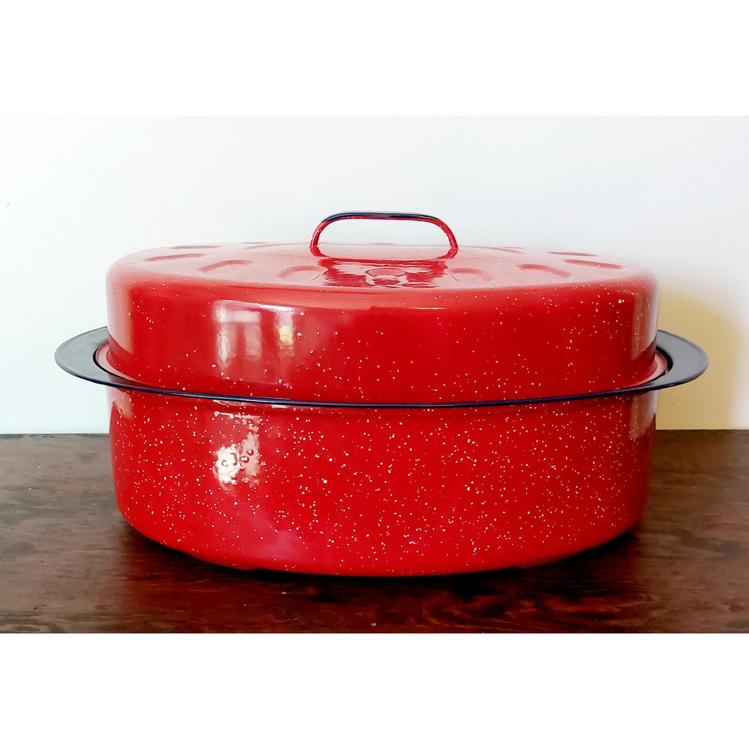 Vintage Graniteware Roaster RED White Blue Splatter Enamel Lid Rare ...