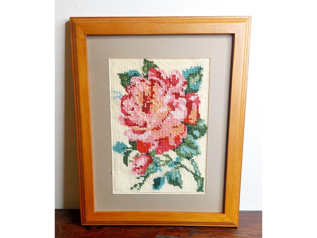 Vintage 1980s Framed Rose Needlepoint Matted Wall Hanging - Etsy