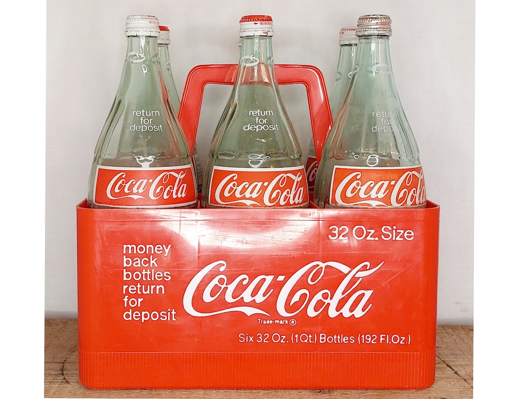 Vintage Coca Cola 6-pack 32OZ Green Returnable Bottles With Plastic ...