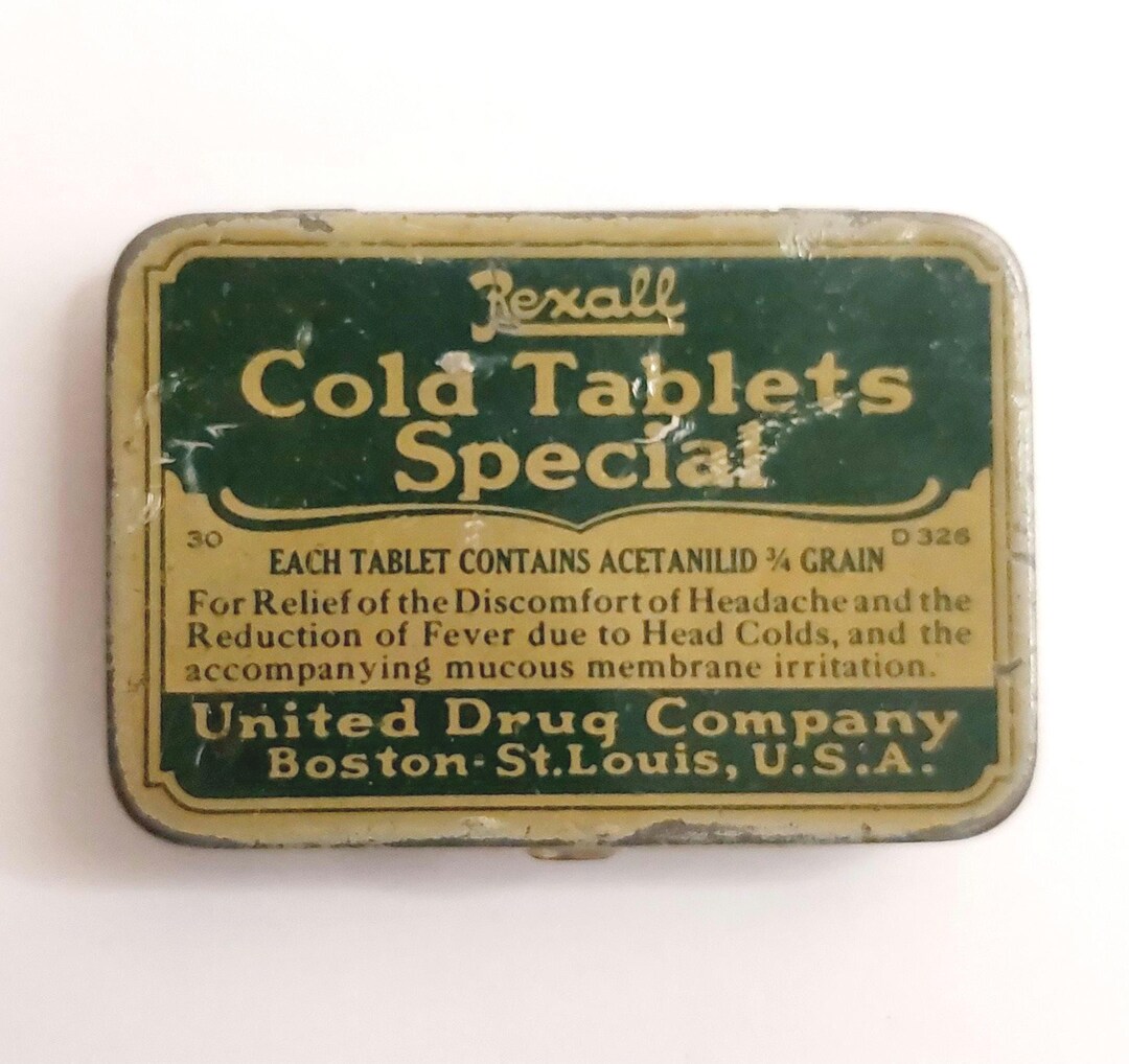 Vintage 1950s Rexall Cold Tablets Special Tin Box United Drug Company ...