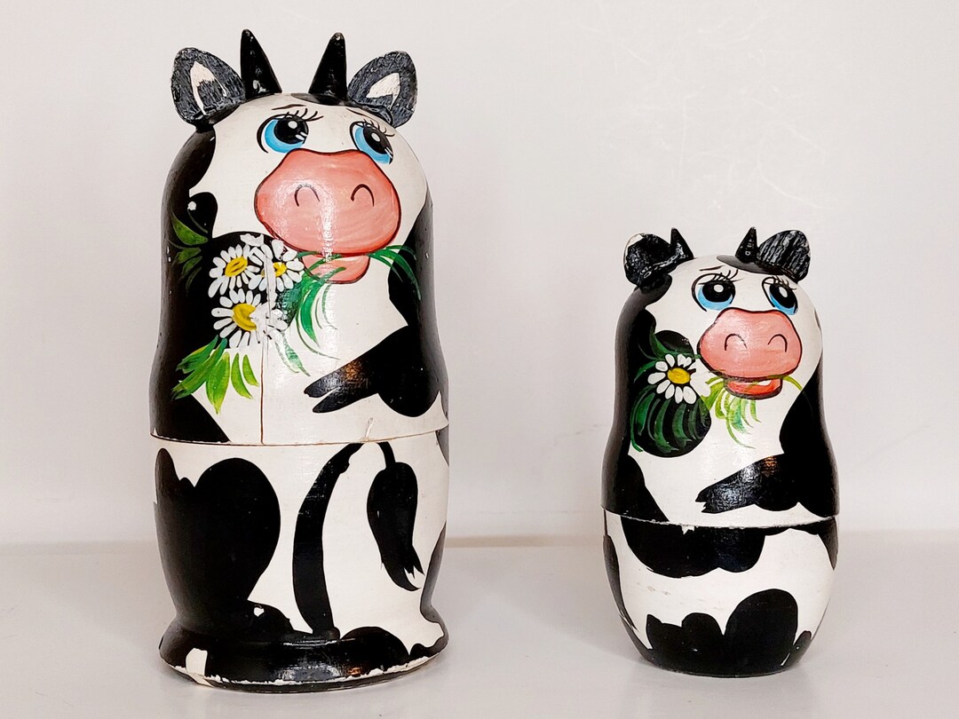 Midcentury Hand Painted Russian Nesting Doll of Cows With Daisies ...