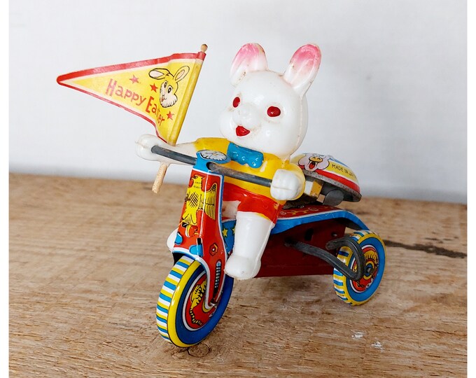 Vintage Celluloid Tricycle Tin Bunny Rabbit Mechanical Wind-up Toy Made ...