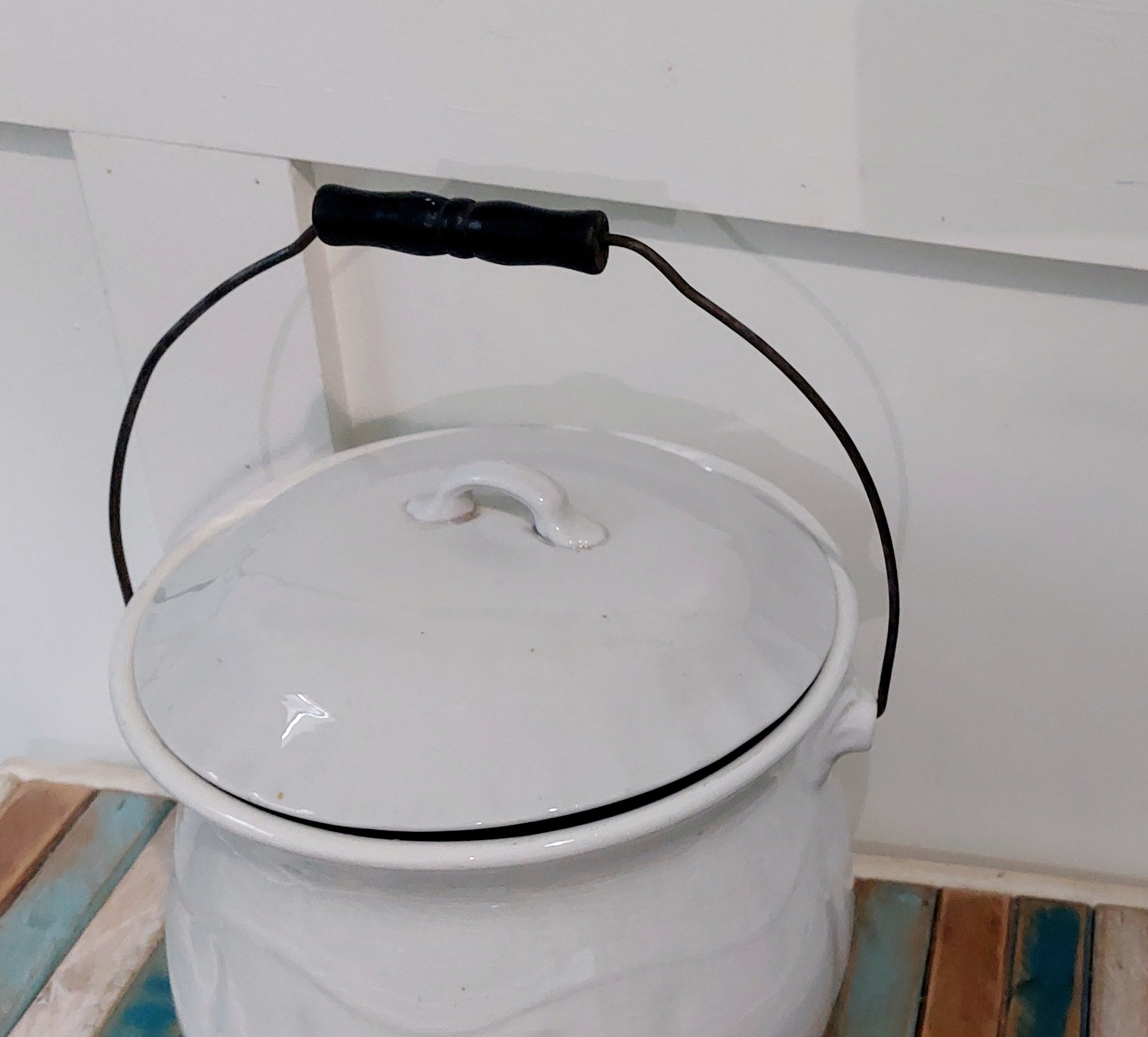 Antique Ironstone Slop Bucket With Wire Bale and Wooden Handle - Etsy