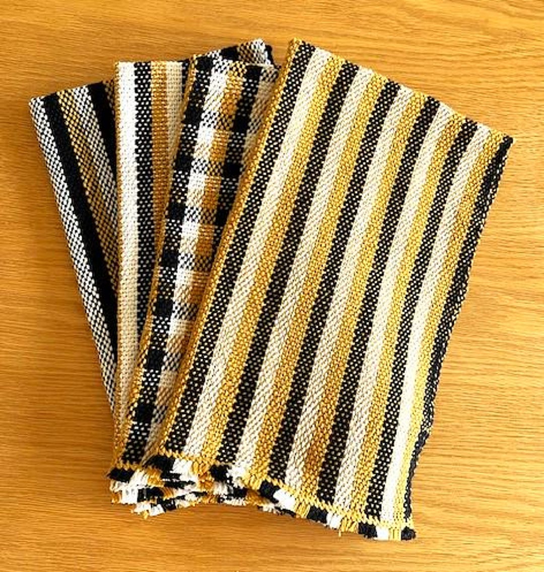 Black, Mustard Yellow and White Set of 4 Handwoven Tea Towels, Stripe ...