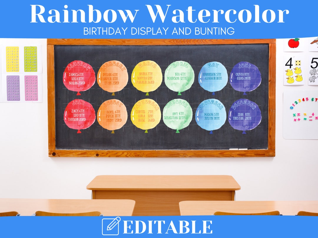 Rainbow Watercolor Theme: Editable Balloon Birthday Display and Bunting ...