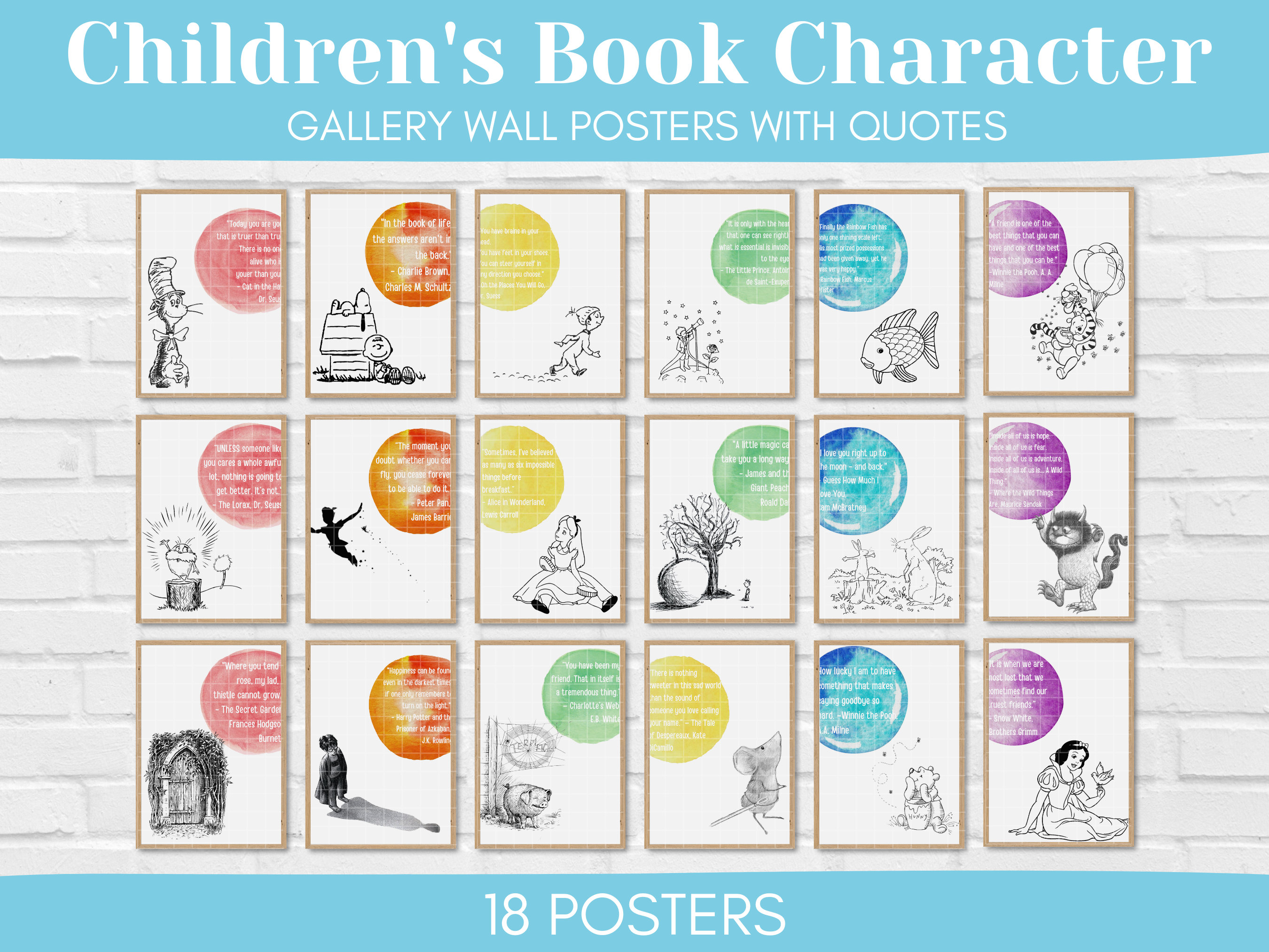 Children's Book Character Gallery Wall Posters, Rainbow Watercolor ...