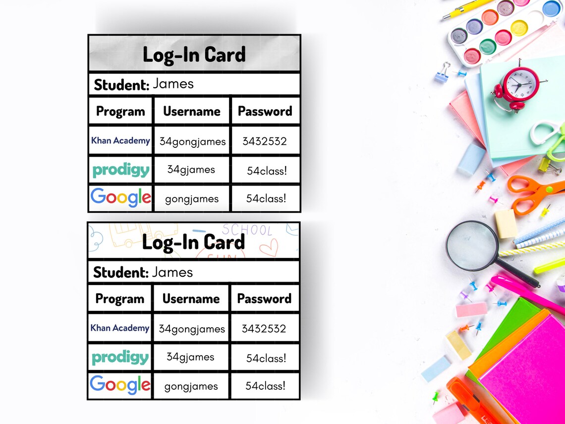 Editable Student Log-in Cards Editable Classroom Materials - Etsy