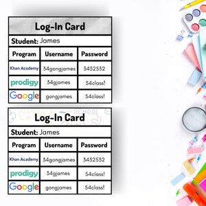 Editable Student Log-in Cards, Editable Classroom Materials, Instant ...
