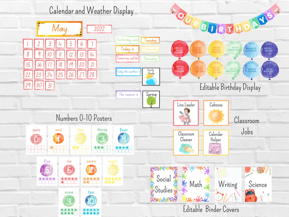 Rainbow Watercolor Theme: Classroom Decor Bundle Editable - Etsy