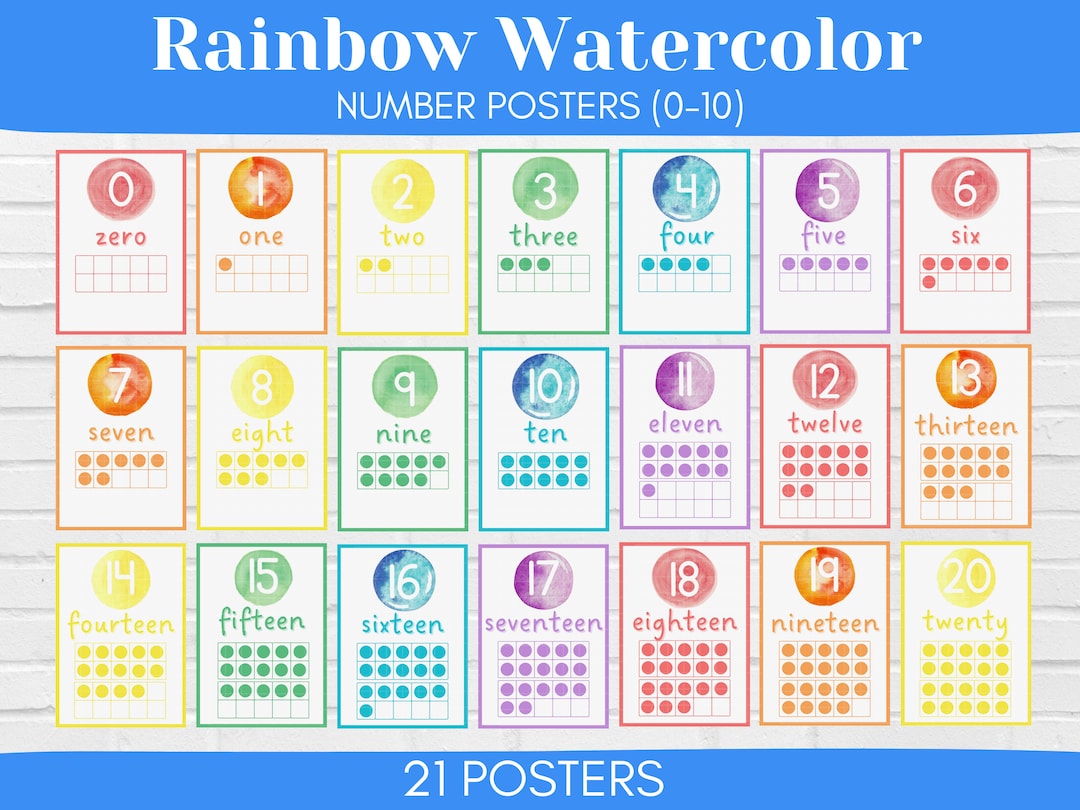 Rainbow Watercolor 0-20 Number Posters With Tens Frames, Printable ...