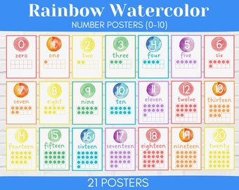 Rainbow Watercolor 0-20 Number Posters With Tens Frames, Printable ...