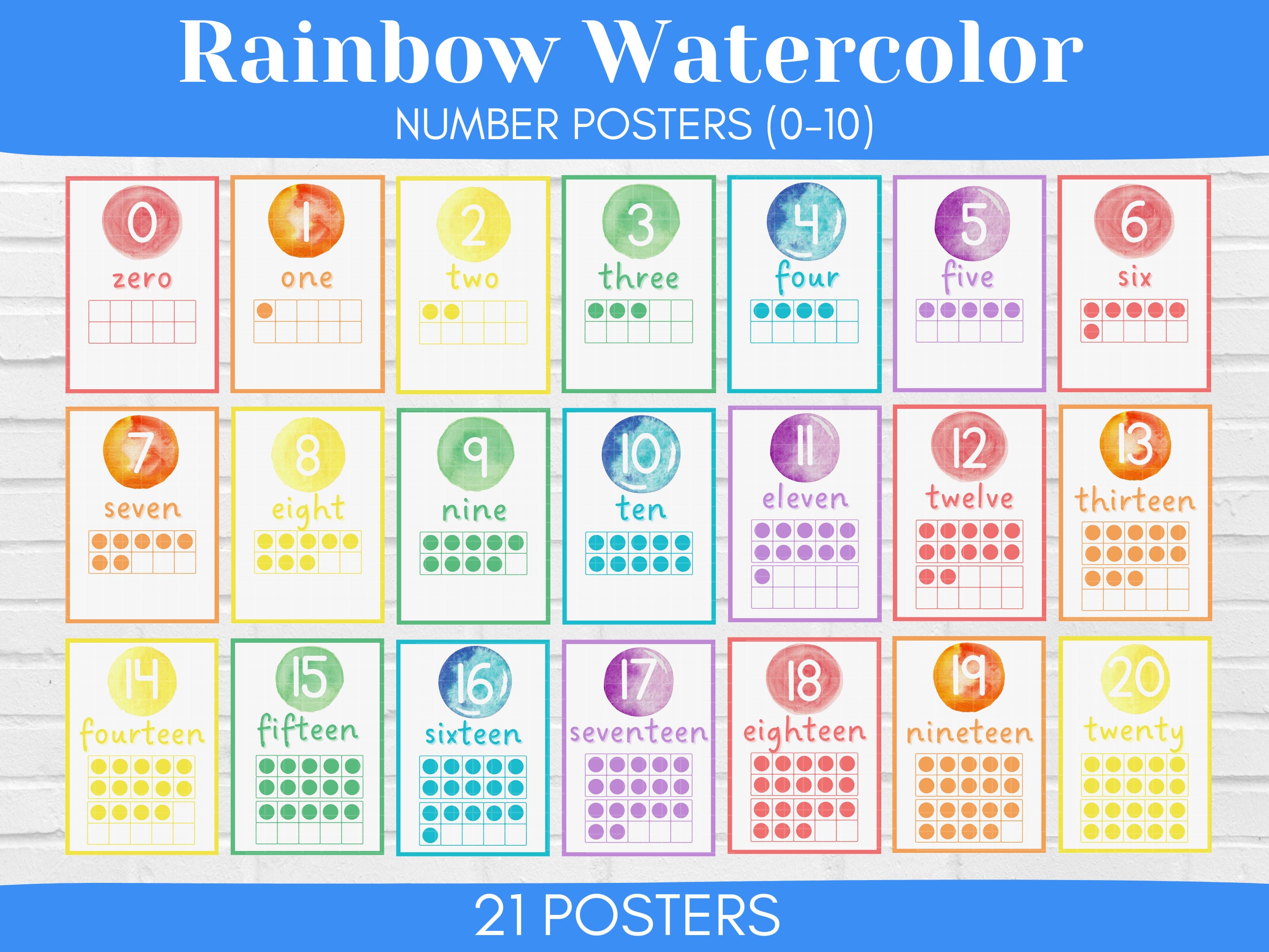 Rainbow Watercolor 0-20 Number Posters With Tens Frames, Printable ...