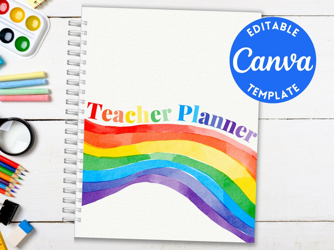 EDITABLE Rainbow Watercolor Teacher Planner, Canva Template, Teacher ...