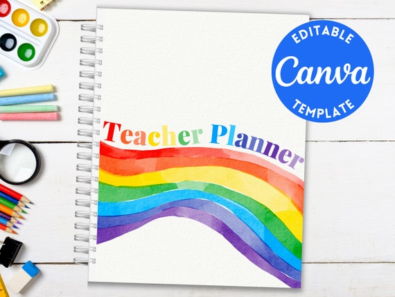 EDITABLE Rainbow Watercolor Teacher Planner Canva Template - Etsy
