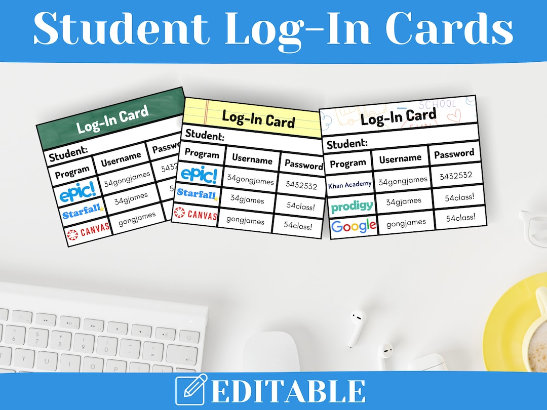Editable Student Log-in Cards, Editable Classroom Materials, Instant ...