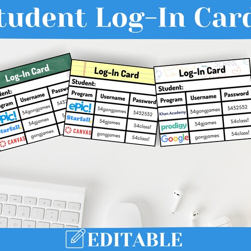 Editable Student Log-in Cards Editable Classroom Materials - Etsy