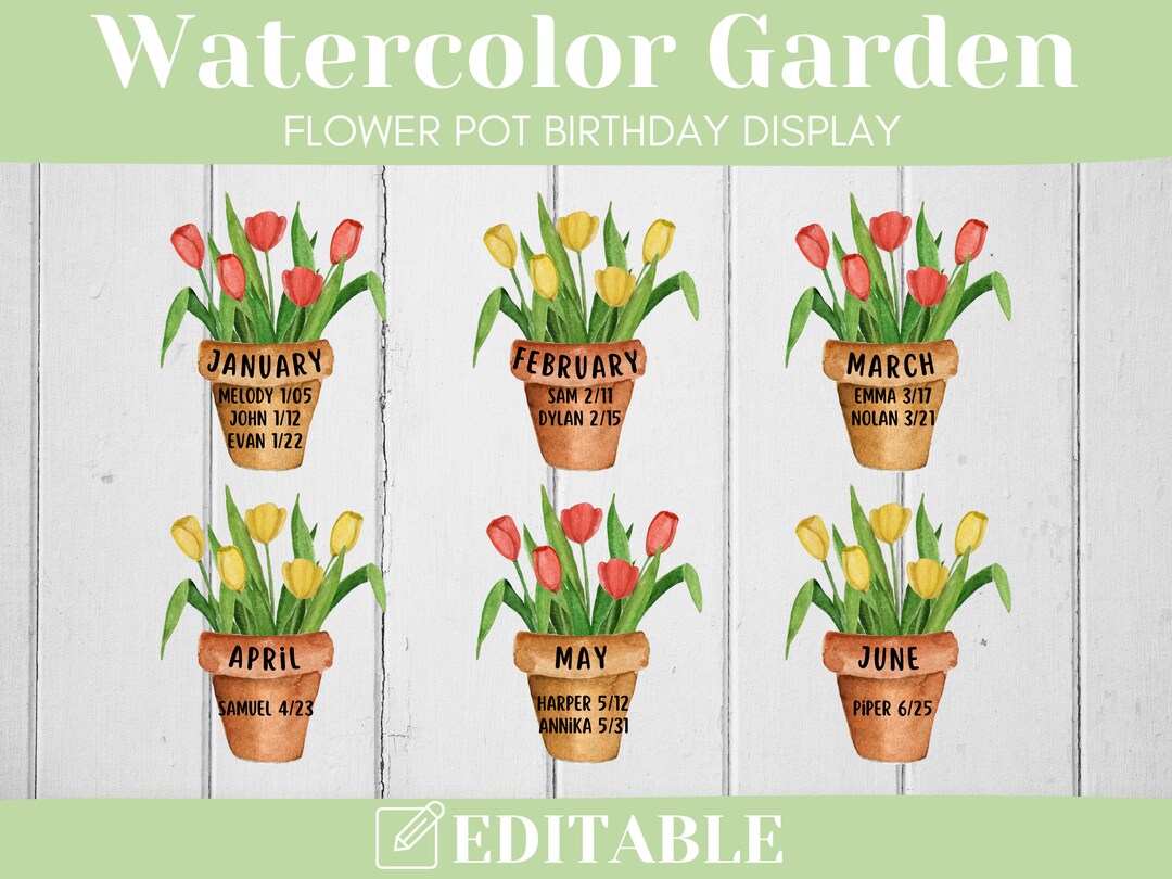 Watercolor Garden Theme: Editable Birthday Flower Pot Display ...