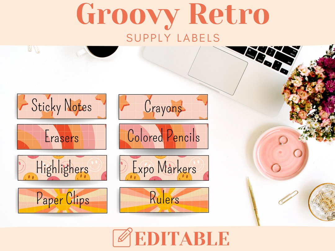 Groovy Retro Editable Supply Labels, Printable Classroom Decor, Instant ...